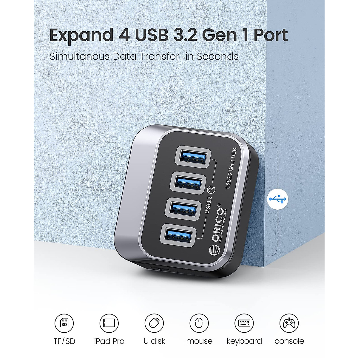 ORICO USB 3.0 Hub [5Gbps], 4 Port USB Hub with 1.64Ft USB-C Cable and USB-A Adapter, USB 3.2 Gen1 Splitter for iMac, All MacBooks, Mac Mini