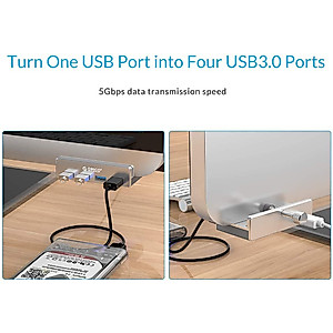 ORICO USB 3.0 Hub Clamp Adapter, Aluminum 4-Port USB Splitter with Extra Power Supply Port and 4.92 FT USB Data Cable, Ultra-Portable USB Expander for 2021 iMac/Laptop/PC