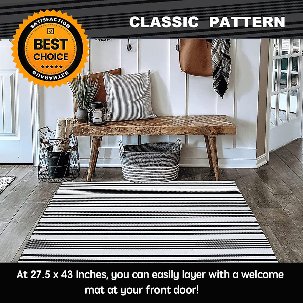 KaHouen Black and White Striped Outdoor Rug 27.5"x43", Front Porch Rug, Hand Woven Cotton Washable Striped Layered Doormats for Layered Door Mats Porch/Kitchen/Laundry Room/Farmhouse/Entryway