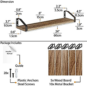 Wallniture Braga 24" Floating Shelves, Bookshelf Wall Decor Living Room Bathroom Shelves Over Toilet, Bedroom Kitchen Organization, Burnt Finish Set of 5
