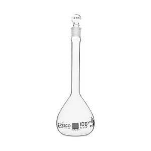 EISCO Volumetric Flask, 100ml - Class A, ASTM - Tolerance ±0.100 ml - Glass Stopper - Single, Blue Graduation