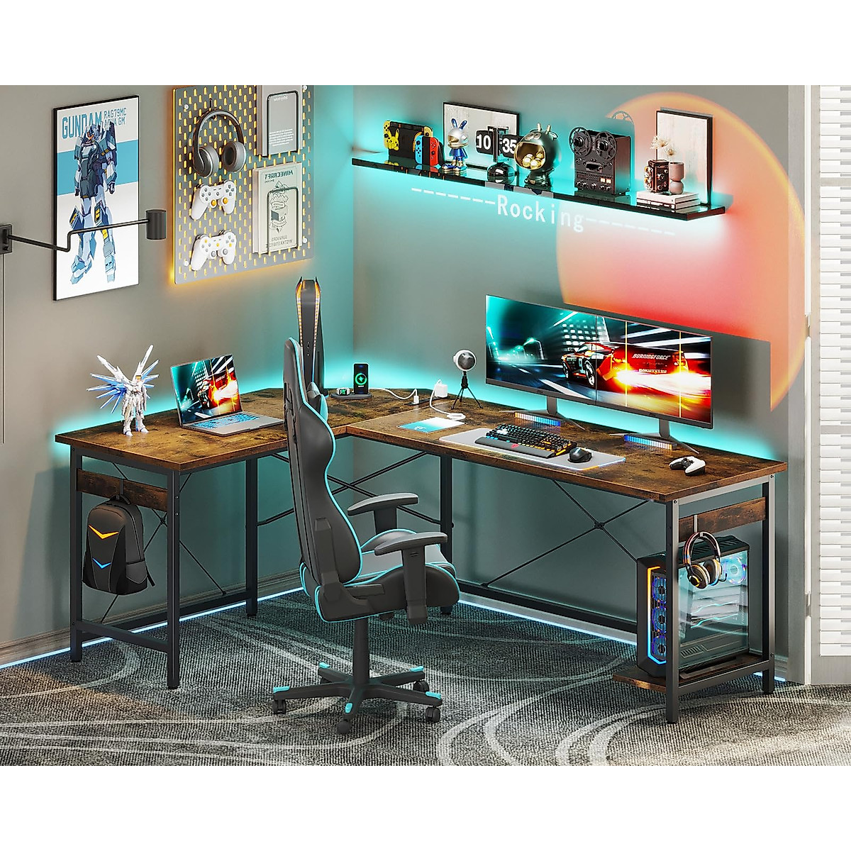 Coleshome 66" L Shaped Gaming Desk with Outlet, L Shaped Desk with CPU Stand, Corner Computer Desk, Home Office Desk, Writing Desk, Vintage