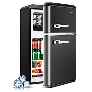 Anypro 3.2 Cu.Ft Compact Refrigerator Mini Fridge with Freezer, Retro Double Door Small Fridge with Freezer, 7 Level Thermostat & Removable Shelves, Small Refrigerator for Dorm, Office, Bedroom, Black