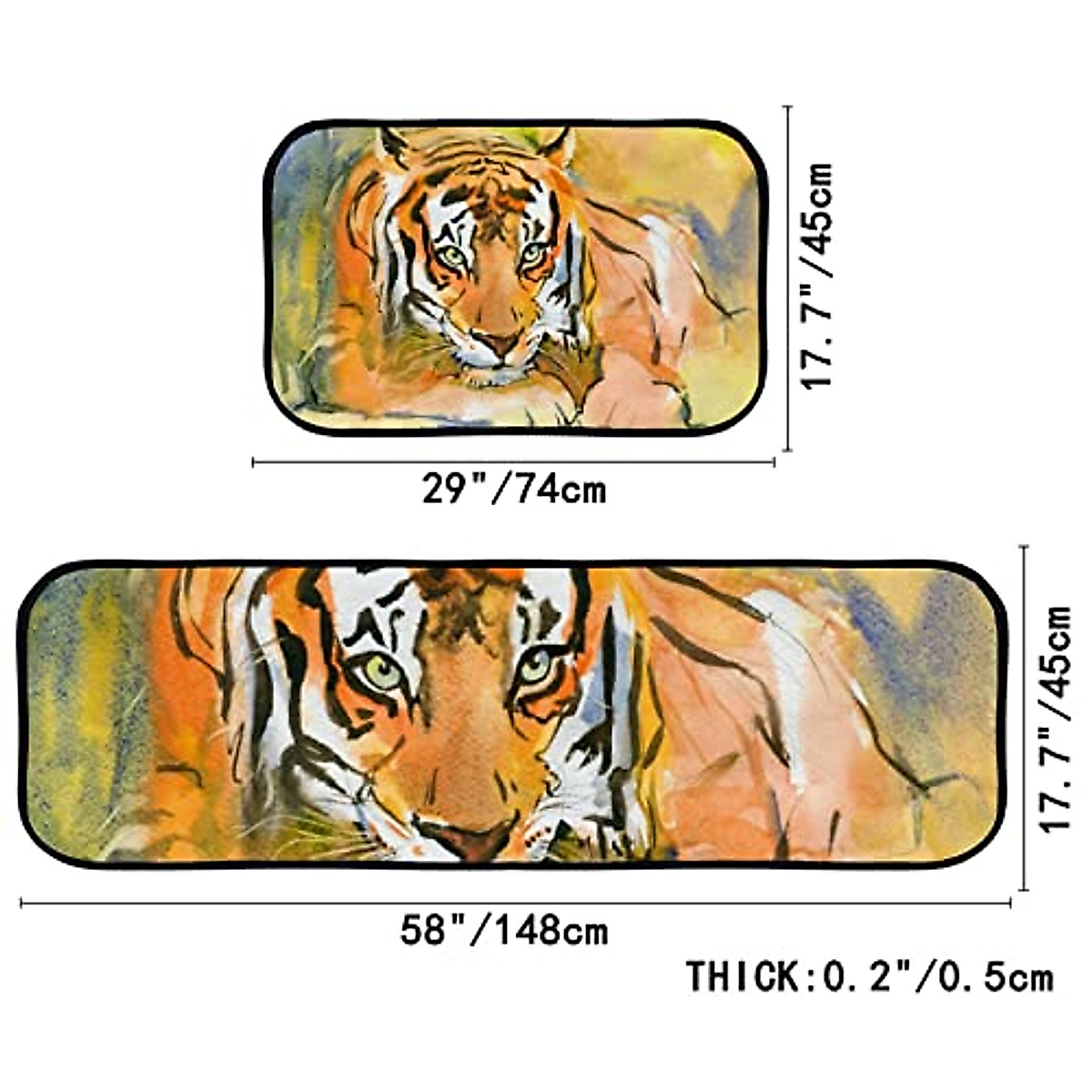 Vantaso Kitchen Floor Mat Rug Siberian Tiger Watercolor Set of 2 Cushioned Non-Slip Comfort Runner Rugs