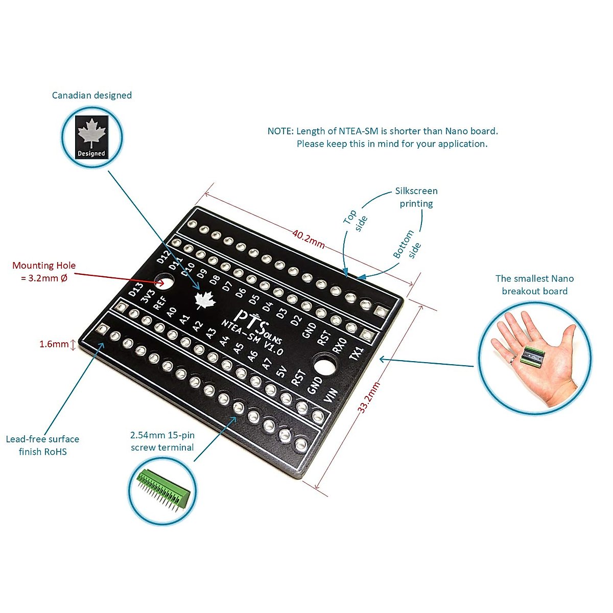 PTSolns Breakout Board BoB Expansion Adapter for Microcontroller (Nano, NTEA-SM-Assembled)
