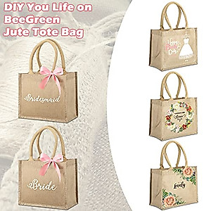 Saintrygo 6 Pack Bridesmaid Tote Bags Bridesmaid Gift Bags Jute Burlap Tote Bags with Handles Bride Bags Pink Ribbons for Wedding (9.84 x 7.87 x 4.92'')