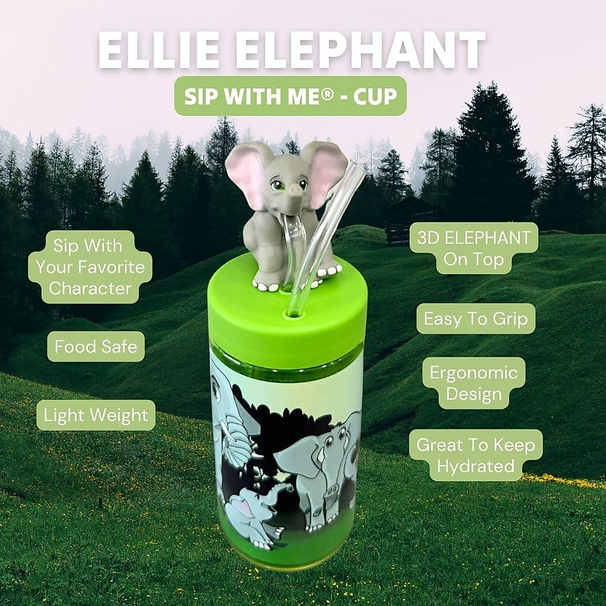SIP WITH ME Zoo Elephant Cup, Kids Water Bottle, Toddler Cups, Tumbler with Lid and Straw, Travel Sippy Cup for Water or Milk, Kids Cups with Lids for Toddlers 3 and Up, BPA Free Plastic, 12 oz