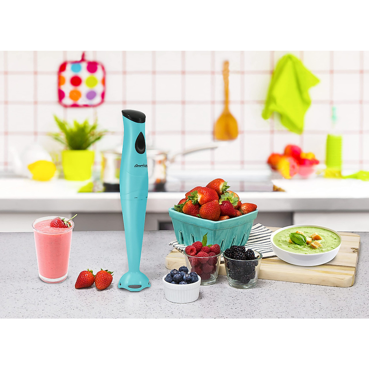 Elite Gourmet EHB-2425BL Aqua Electric Immersion Hand Blender, 150 Watts, For Soups, Sauces, Baby Food, Blue