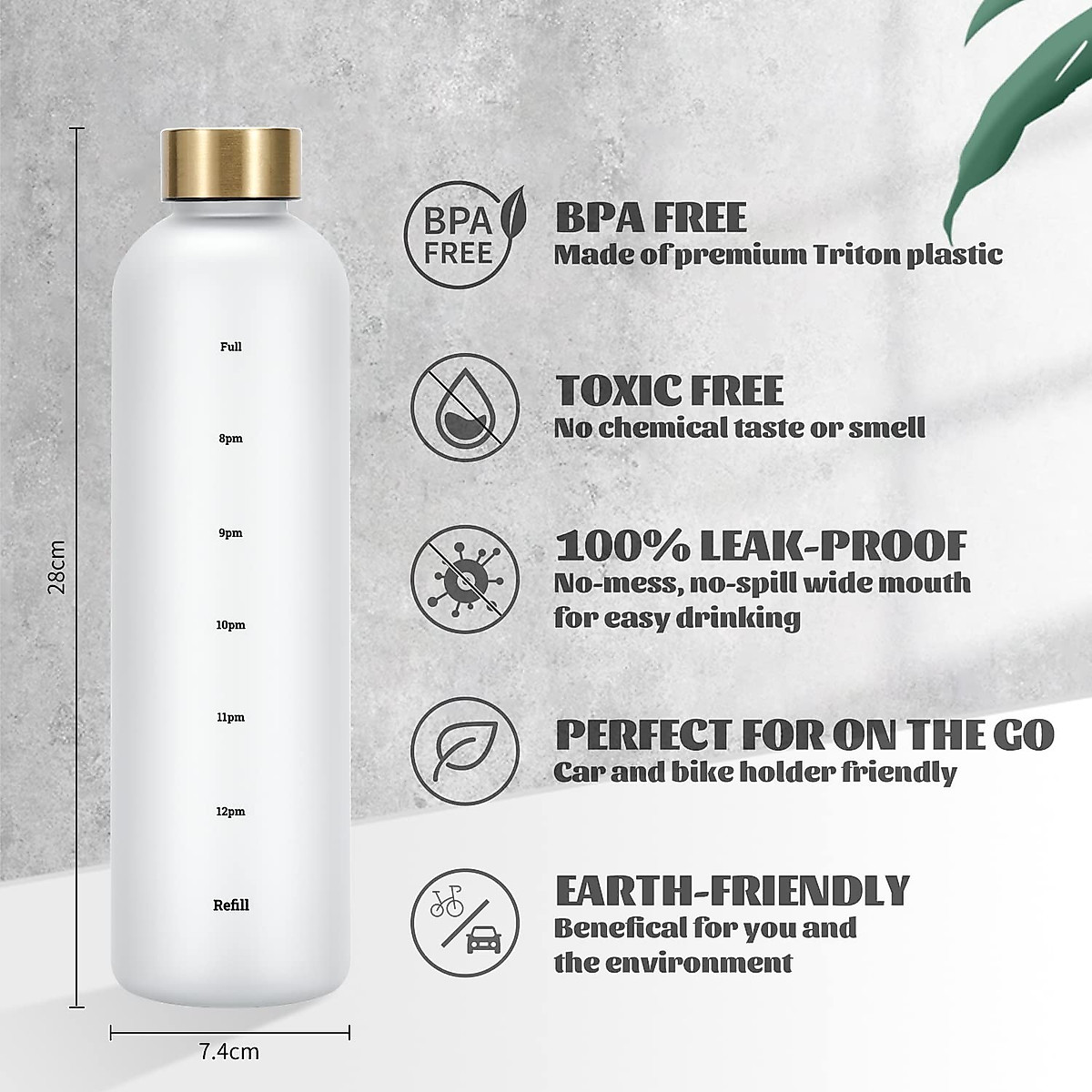 MUCR 32 oz Water Bottle With Time Marker, Motivational Clear Water Bottles, Lightweight and Frosted, BPA Free for Gym, Sport, Outdoors, White