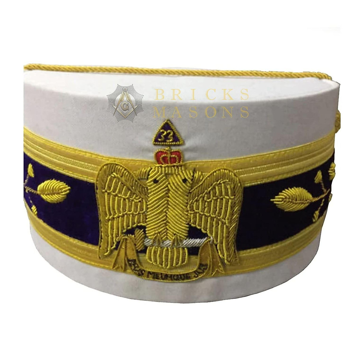 33rd Degree Scottish Rite Crown Cap - Wings Down White Hand Embroidered