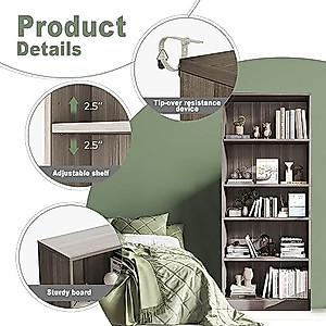 VICLLAX 5-Shelf Wood Bookcase, Narrow Adjustable Open Bookshelf, Tall Display Storage Shelf for Living Room, Bedroom, Kids Room, Office, Grey