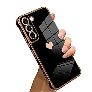 Bonoma Compatible with Samsung Galaxy S22 5G Case Love Heart Plating Electroplate Luxury Elegant Case Camera Protector Soft TPU Shockproof Protective Corner Back Cover Galaxy S22 5G Case -Black