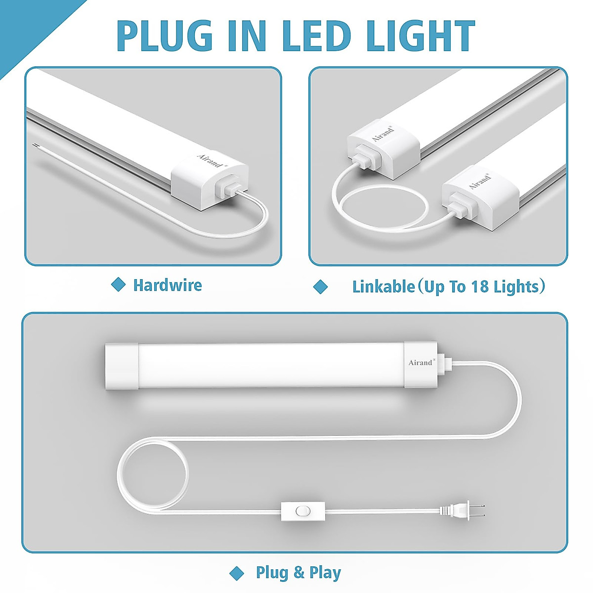 Airand LED Ceiling Light Fixture with Plug 5000k, Triproof LED Tube Light 16W Linkable Closet Light for Workbench Kitchen Basement Garage Corridor Bathroom Office Overhead Lighting with Plug in Cord