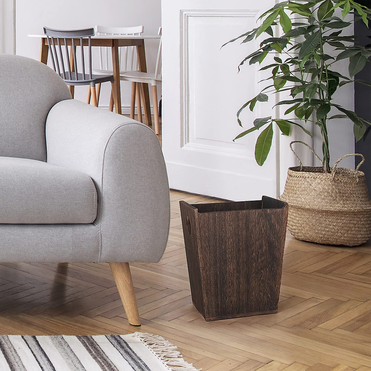 ETELI Wood Trash Can Wastebasket Small Rectangular Farmhouse Rustic Garbage Bin with Handles for Bedroom, Bathroom, Kitchen, Office, Brown