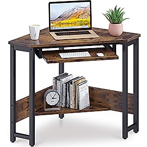 ODK Corner Desk, Triangle Computer Desk, Small Desk Sturdy Steel Frame for Workstation with Smooth Keyboard Tray & Storage Shelves, Vintage
