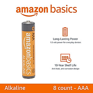 Amazon Basics 8 Pack AAA High-Performance Alkaline Batteries, 10-Year Shelf Life, Easy to Open Value Pack,8 Count (Pack of 1)