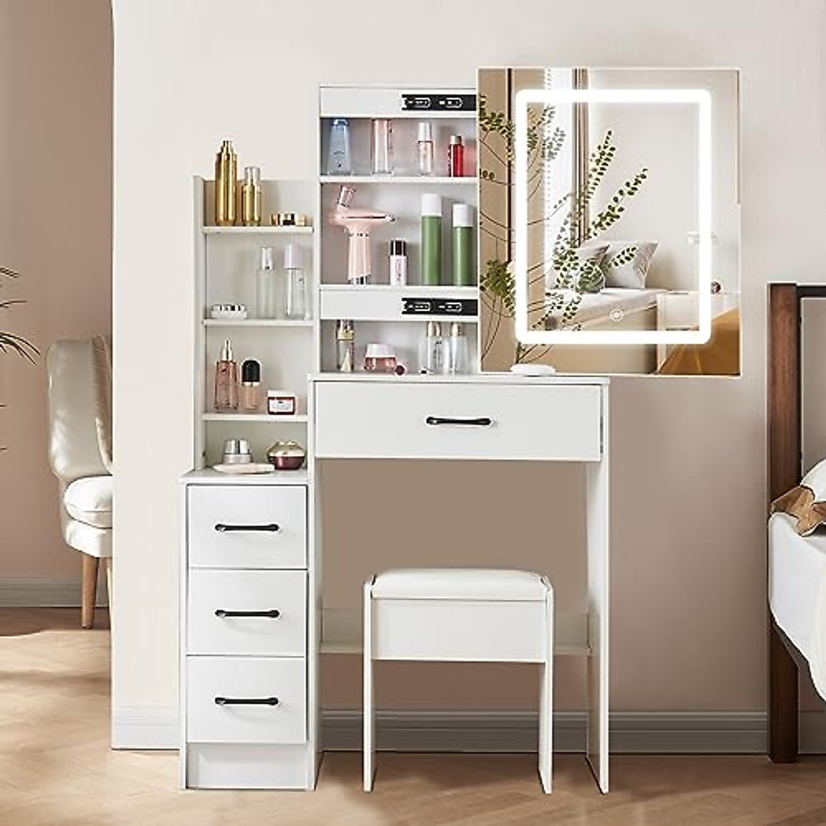 Vanity Desk with LED Light in 3 Colors, Modern Vanity Table with 4 Drawers and 7 Shelves, 3 Lighting Modes Dressing Table with Chair and Sliding Mirror for Bedroom