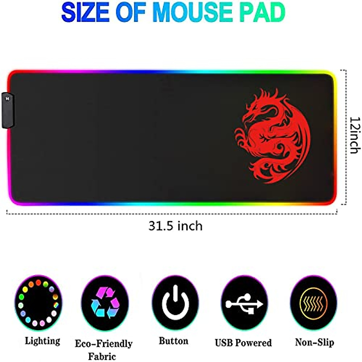 RGB Mouse Pad,Gaming Mouse Pad - 15 Light Modes Extended Computer Keyboard Mousepad,Dragon Mouse Pad,High-Performance LED Mouse Pad Optimized for Gamer 800×300mm/31.5 X 12in (Red)