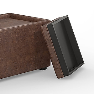 SIMPLIHOME Avalon 35 inch Wide Contemporary Rectangle 5 Pc Storage Ottoman in Distressed Chestnut Brown Vegan Faux Leather, Assembled, For the Living Room, Entryway and Family Room