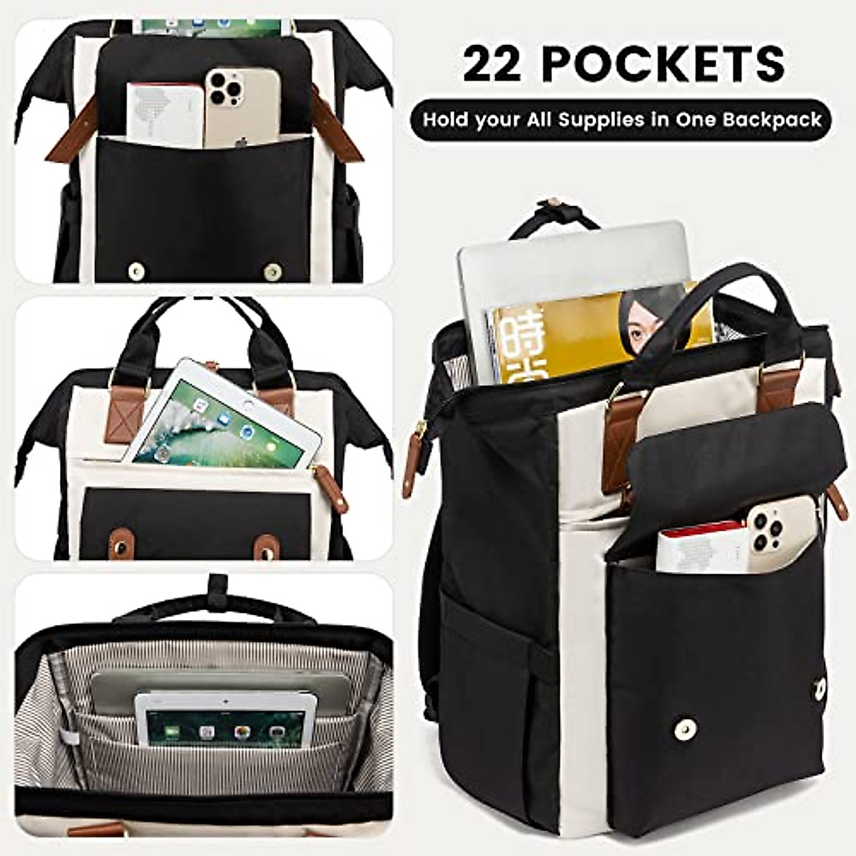 LOVEVOOK Laptop Backpack For Women Work Travel Backpack Purse, Nurse Bag College Backpack, Teacher Doctor Business Laptop Bag, Waterproof Wide Open Computer Back pack, 15.6 Inch, Black-Beige-Brown