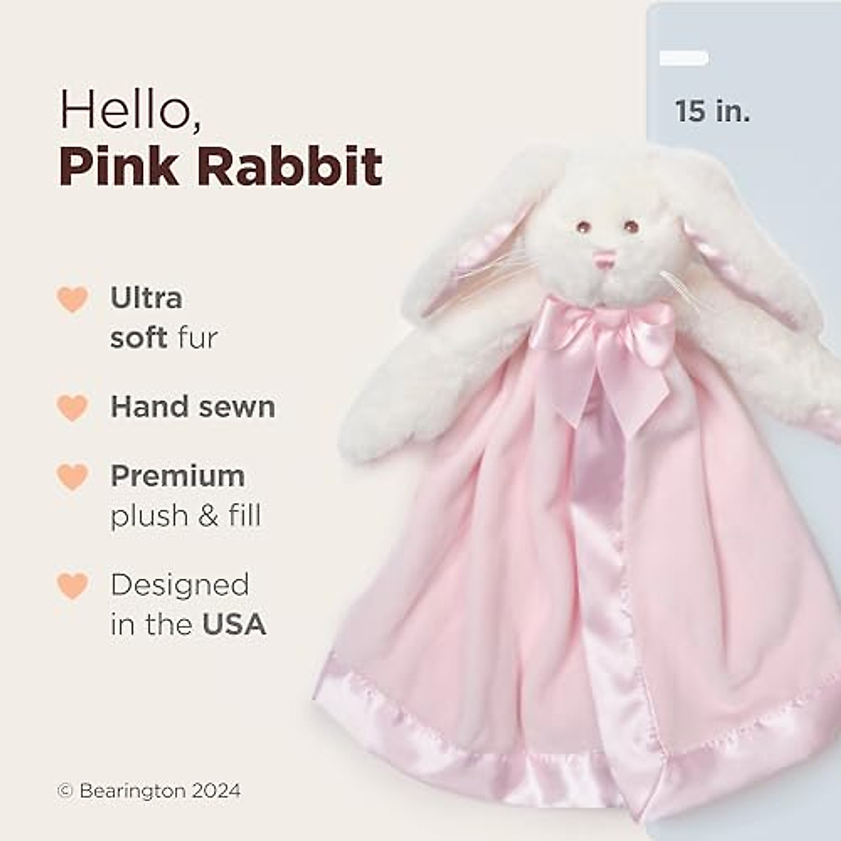 Bearington Baby Bunny Snuggler, 15 Inch Pink Rabbit Plush Stuffed Animal Security Blanket Lovey for Babies