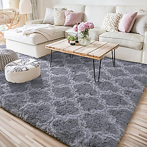 HOMORE 8x10 Large Area Rug for Living Room, Grey and White Bedroom Rug, Modern Big Fluffy Rugs Soft Furry Shaggy Faux Fur Rug for Farmhouse Decor, Aesthetic Rugs for Kids Home Indoor Floor