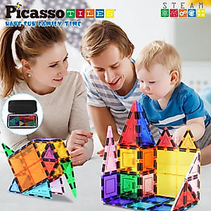 PicassoTiles 101pcs Magnetic Building Block Toy + Case Set Magnet Tile Construction Blocks for Ages 3 and Up Educational Kit Child Brain Development Learning Playset in Portable Travel Carry Bin