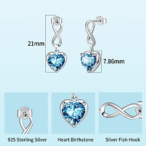 March Aquamarine Birthstone Infinity Stud Earrings - Shysnow 925 Sterling Silver Heart Shaped Cubic Zirconia Dangle Studs Infinite Symbol Birth Gem Stone Jewelry for Women