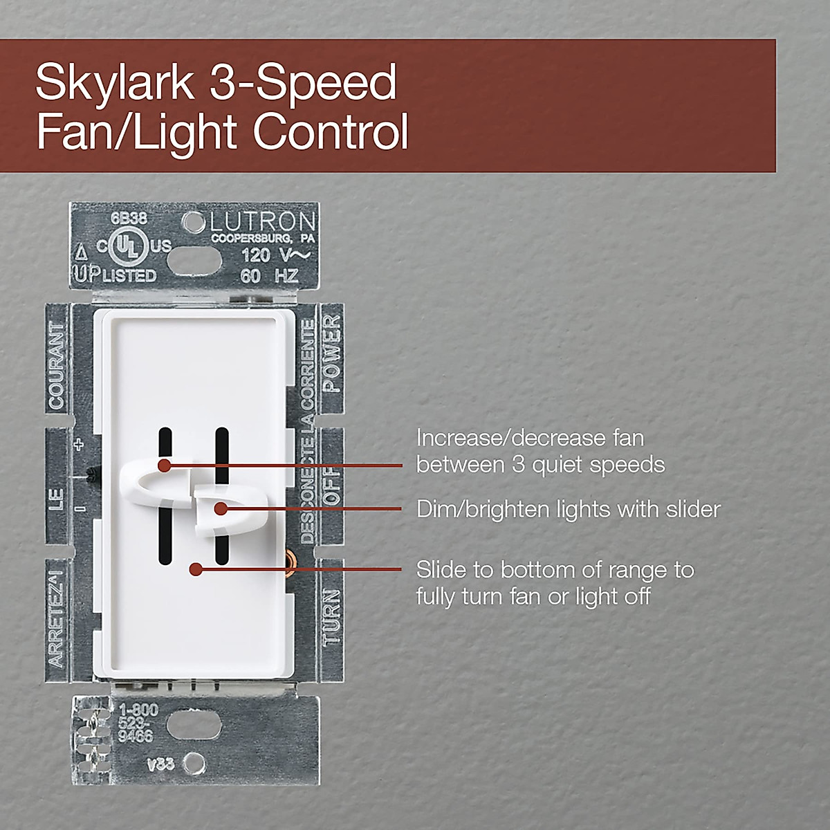 Lutron Skylark 3-Speed Combination Fan and Light Control, 1.5 Amp, Single-Pole, S2-LFSQ-LA, Light Almond