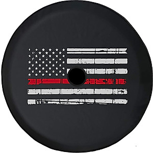 JL Series Spare Tire Cover with Backup Camera Hole Distressed American Flag Thin Red Line Black 33 in