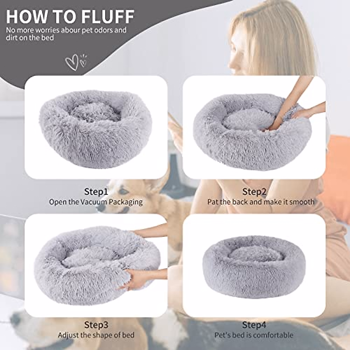ZEJEUER Cat Bed, Small Dog Bed, Round Donut Washable Plush Fluffy Faux Fur Soft Cushion Beds for Indoor Pets