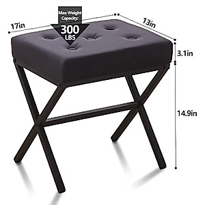 Cpintltr Velvet Ottoman Footrest Stool Tufted Vanity Stool Ottomans Thickened Cushion Footstool Mulifunctional Shoe Changing Seat Step Stools with Metal X Leg for Living Room Bedroom Black