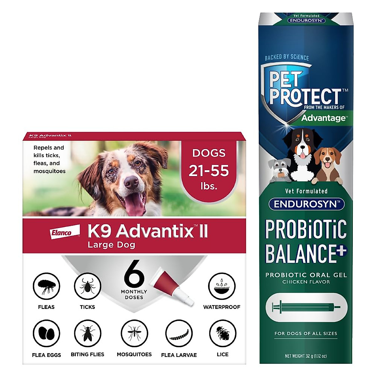 Bundle of K9 Advantix II Large Dog 21-55 lbs. 6-Mo Supply + Pet ProtectProbiotic Balance+ Dog Supplement | Oral Gel | 32g