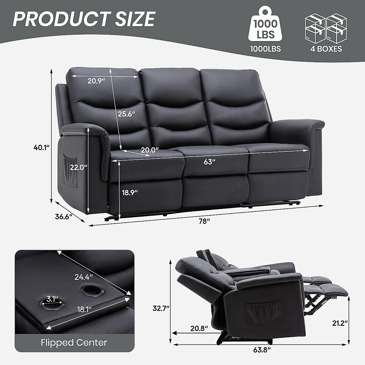 Consofa Reclining Sofa, Recliner Sofa 3 Seater with Flipped Middle Backrest,Cup Holder, Wall Hugger Sofa Recliners, Manual Reclining Couch for Living Room, RV Home Theater Seating