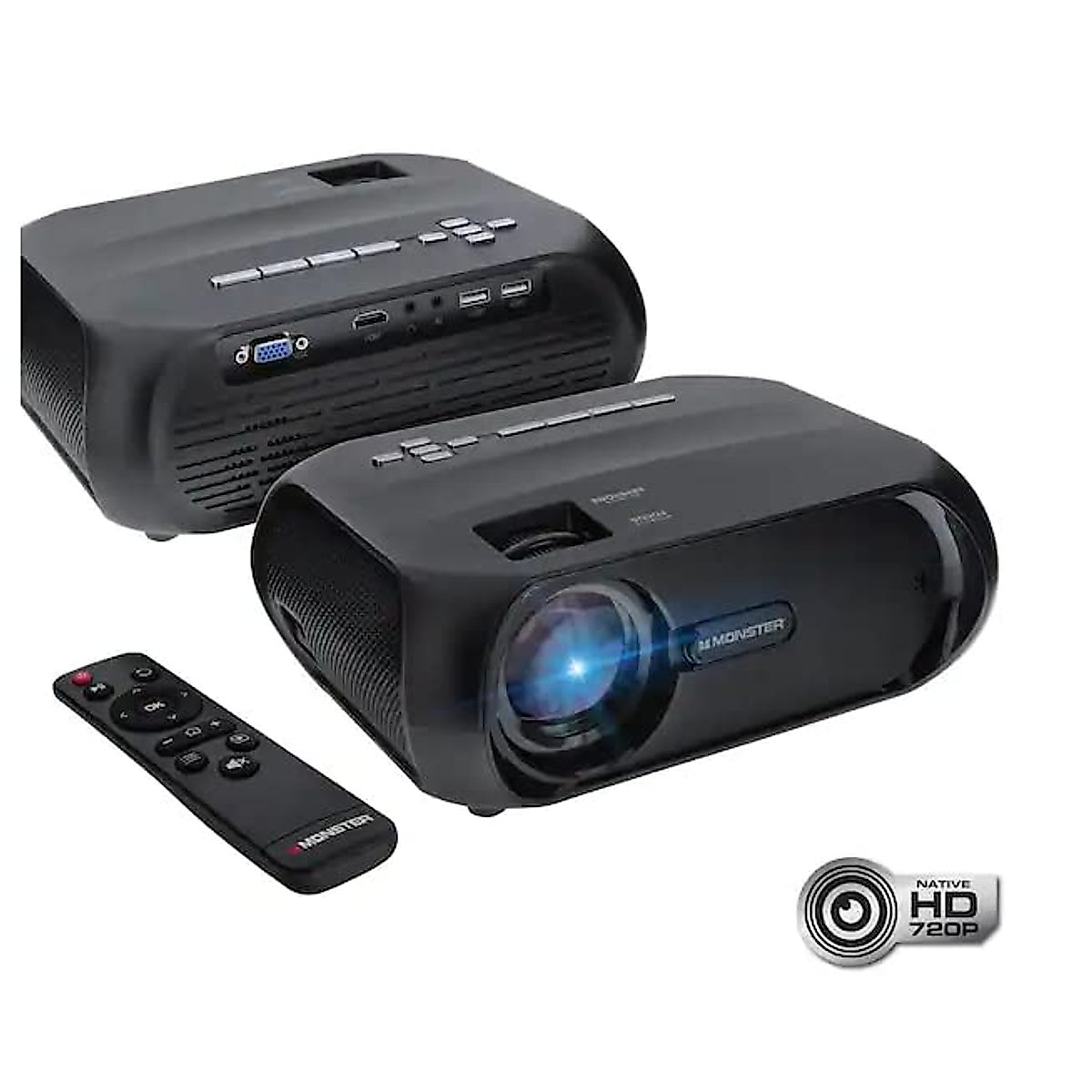 Monster Image Pro 720 HD Extra-Bright LCD Projector, 2000 Lumens, Projects Up to 16ft, Max Resolution: 1080 HD, Universal Image/Audio/Video Support, AV/USB/HDMI/SD Input
