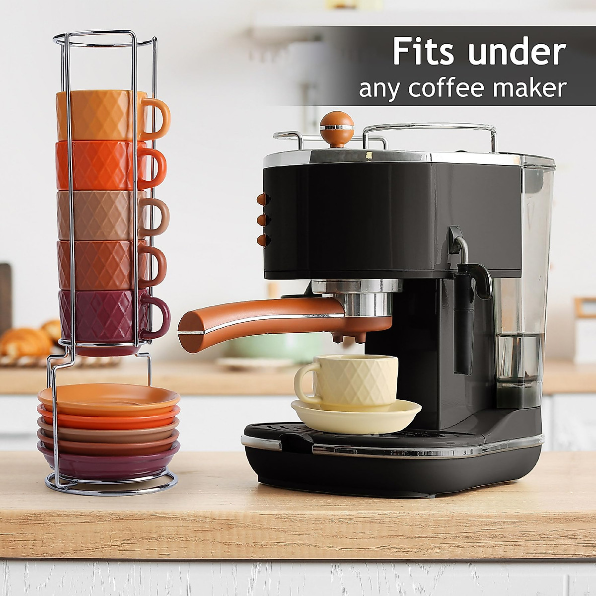 MIAMIO - 6 x 2.5 oz Stoneware Espresso Mug, Cup Set Modern with Stand and Saucers - Palmanova Collection (Magma Red)