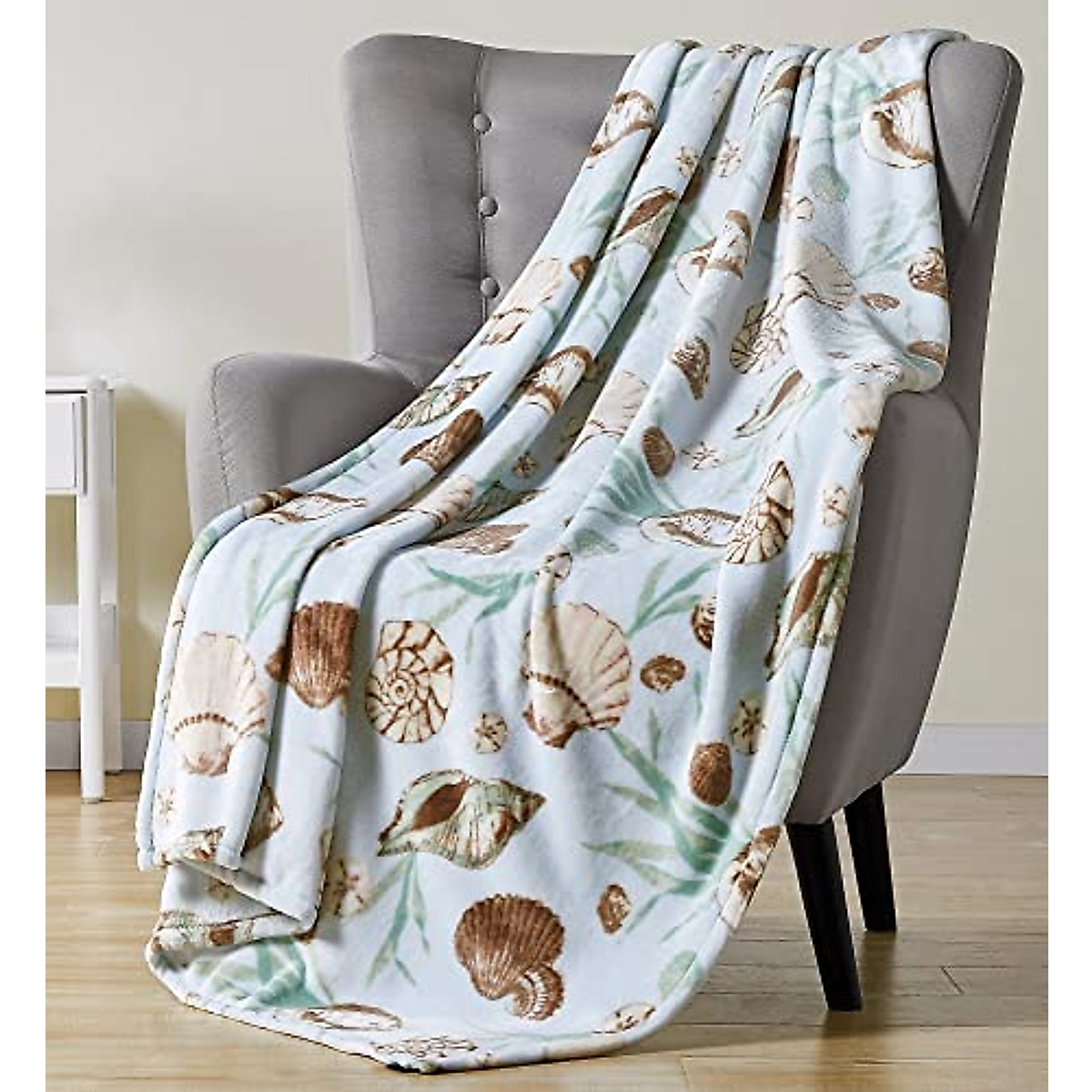 VCNY Home Decorative Ocean Beach Shell Throw Blanket: Calming Muted Blues and Browns, Design Accent for Chair Sofa Couch or Bed, Plush Micro Fleece Velvet Throw (Bermuda)
