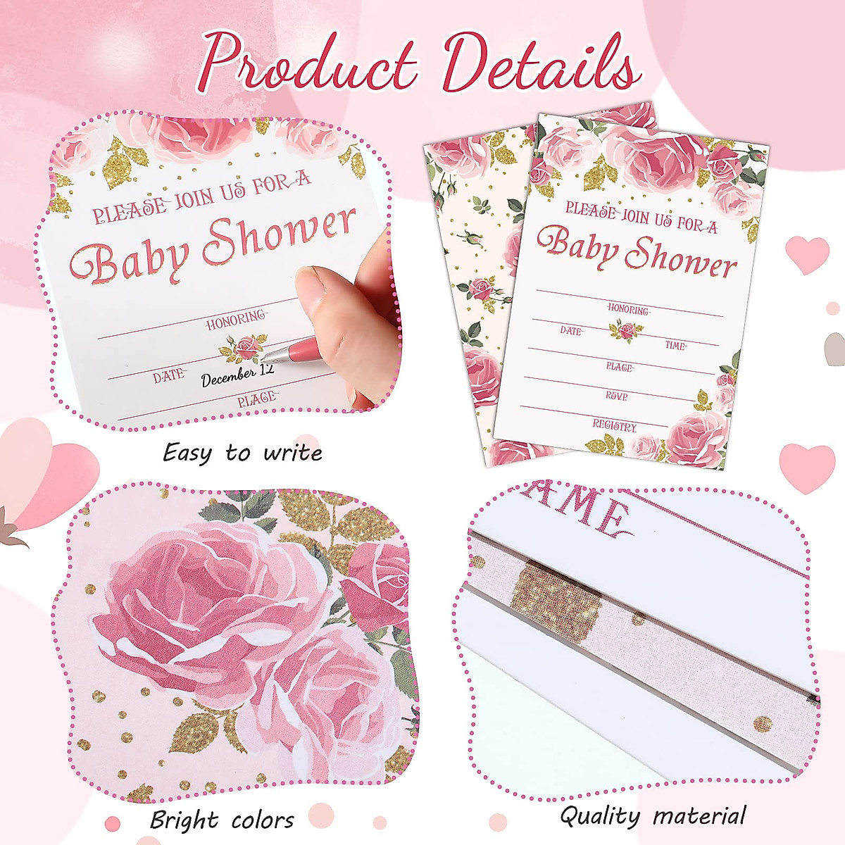 Marspark Set of 25 Pink Floral Baby Shower Invitations, Diaper Raffle Tickets and Baby Shower Invitation Cards with Envelope, Baby Shower Party Supplies for Sweet Girl