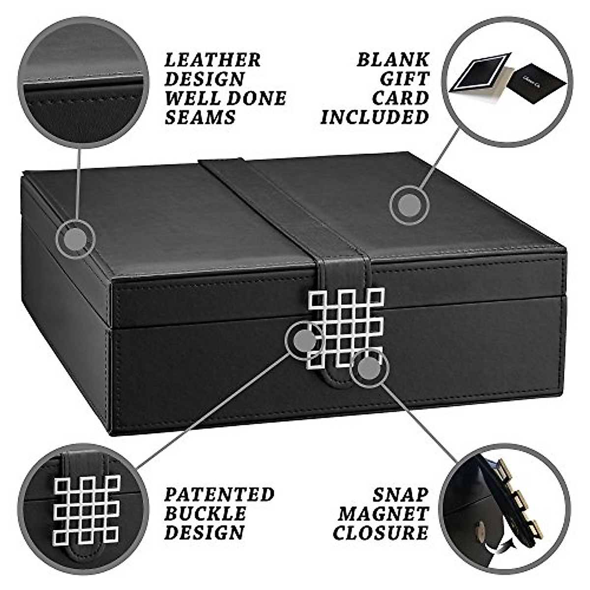Glenor Co 28 Section Jewelry Box - 2 Layer - Buckle Snap & Magnet Closure - Large Mirror - Leather Design - Black - Jewelry Organizer for Women & Girls - Holder for Earring Ring Necklace & Bracelet