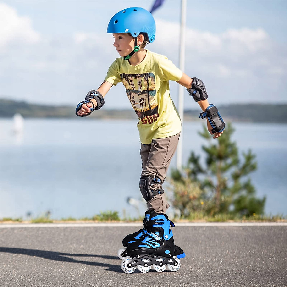 DIKASHI Black Blue Adjustable Inline Skates Boys Girls Kids Size,Light Up Beginner Roller Blades Skates for Boys Girls Kids Outdoor