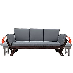 Harper & Bright Designs Adjustable Wooden Daybed Sofa Chaise Lounge, Expandable Patio Sectional Sofa with Gray Cushions for Decks, Poolsides, Balconies