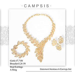 Campsis Crystal Necklace Gold Bib Style Necklace Bridal Earrings Bracelet Ring Jewelry Set Wedding Prom Costume Accessories Women and Ladies