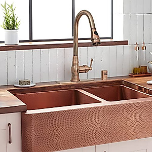 One-Handle Pull-Down Kitchen Faucet Single Level Solid Brass Kitchen Sink Faucet with Deck Plate (Antique Copper)