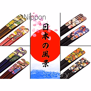 Kawai Japanese Wooden Chopsticks Reusable 2 Pairs in Gift Box, Nippon Scenery Red and Purple [ Made in Japan /Handcrafted ]
