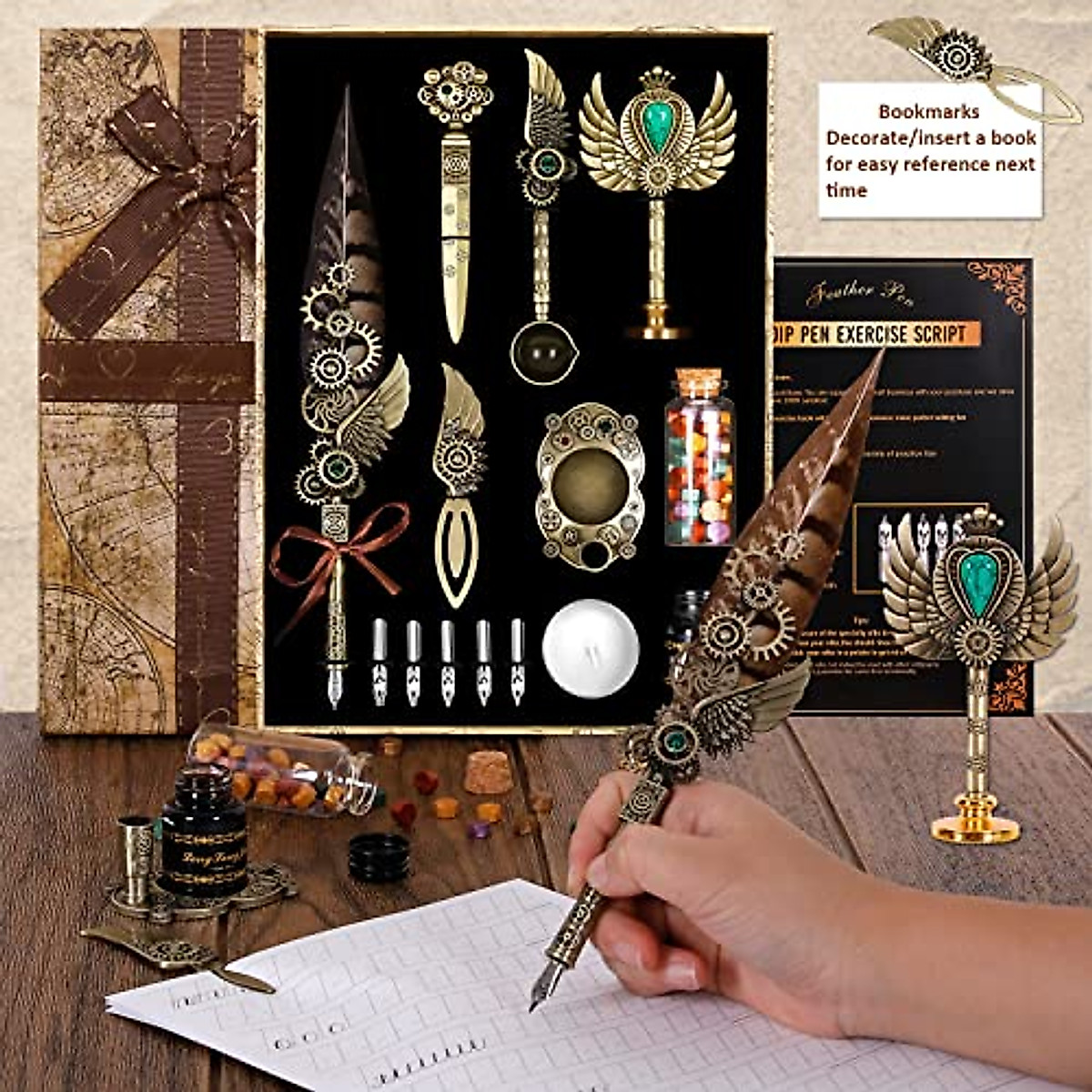 Antique Mechanical Gear Feather Pen Calligraphy Pen Set, Quill Pen Ink Set, Beginner Calligraphy Pen Quill pen, Wax Seal Stamp Kit, Calligraphy Copybook,Suitable for beginners/calligraphy lovers.