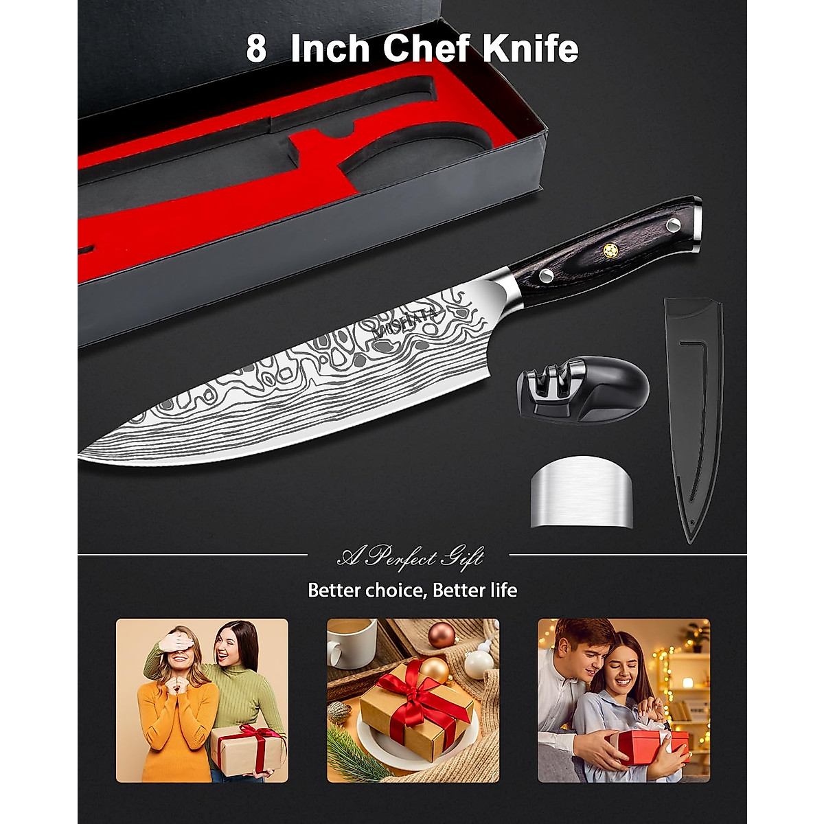 MOSFiATA 8" Super Sharp Professional Chef's Knife with Finger Guard and Knife Sharpener, German High Carbon Stainless Steel EN1.4116 with Micarta Handle and Gift Box