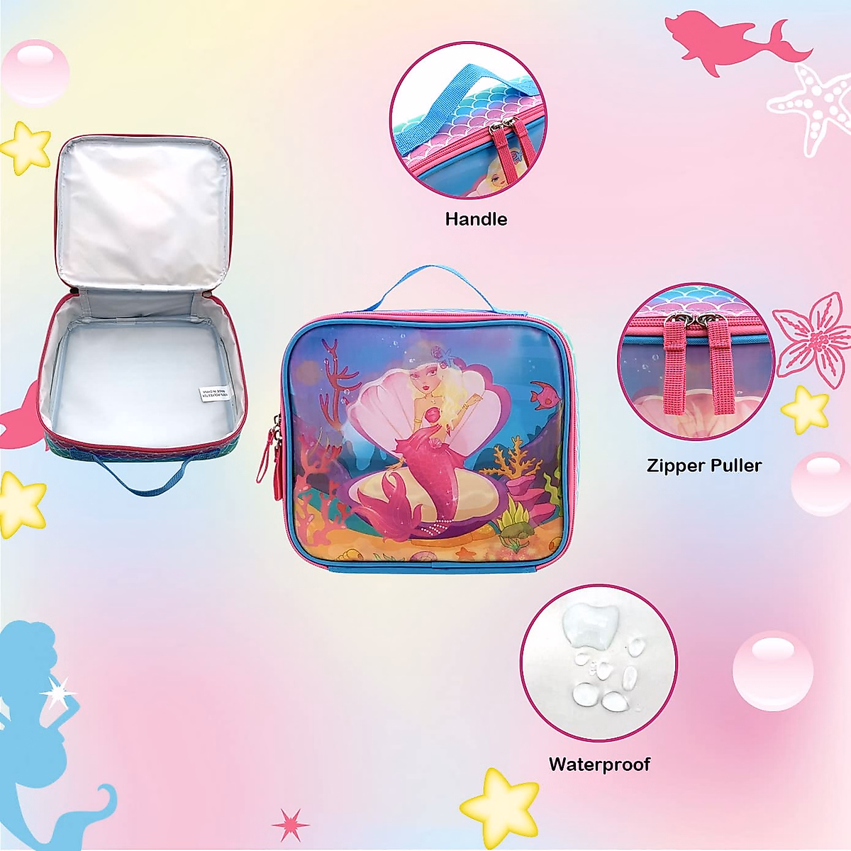 HAPPYSUNNY Mermaid Lunch Box Bag for Girls Kids with 3D Images Changing Pictures Lenticular Hologram Technology Insulated Lunch Bag for Children Preschool Kindergarten and Travel