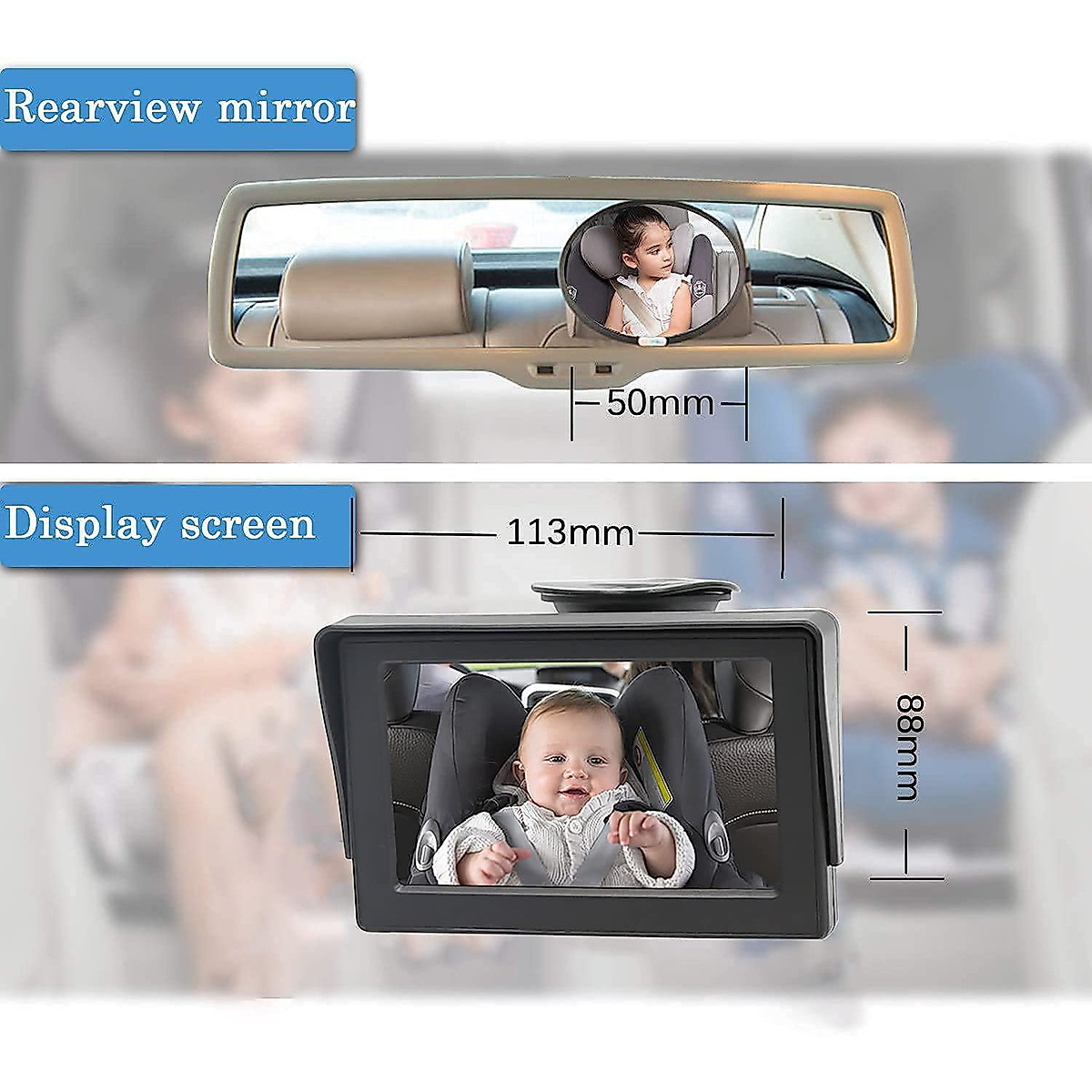 Baby Car Mirror, Car Baby Monitor with Camera, 4.3 inch Night Vision Monitor Anti-Shake Camera 360°Adjustable Easy Observe and Install, Baby Car Camera for Back Seat Rear Facing View Infant