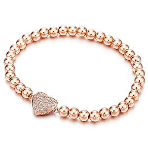 COOLSTEELANDBEYOND Rose Gold Beads Link Charm Bracelet for Women with Cubic Zirconia Heart Charm, Polished