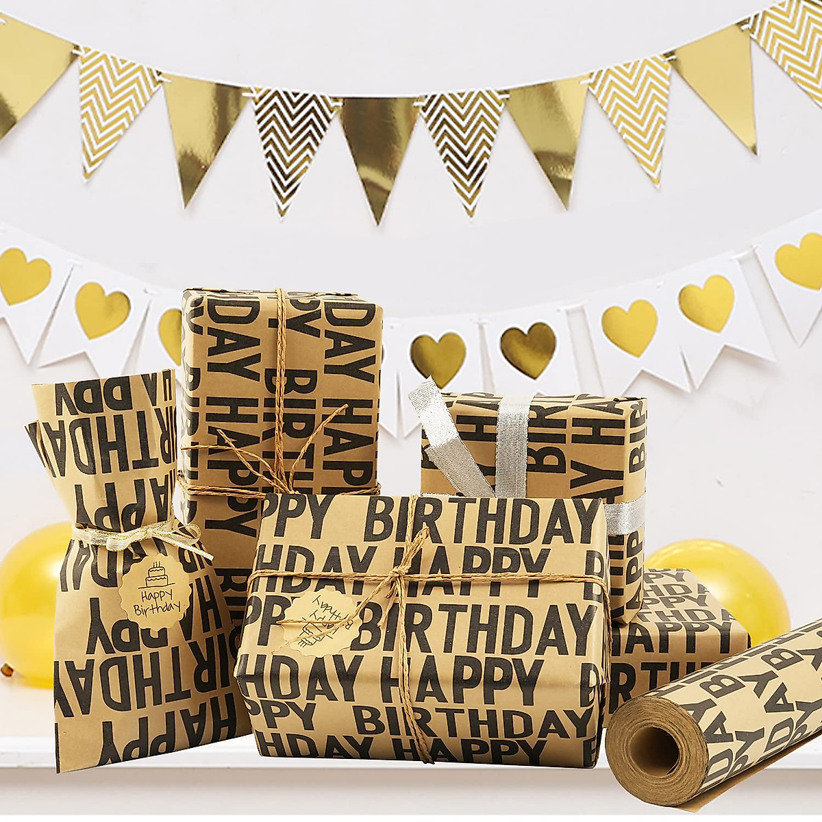 Birthday Wrapping Paper Roll, Black Kraft Gift Wrapping Paper Jumbo Roll, Black Happy Birthday Wrapping Paper Set Black Wrapping Paper for Boys Men Women Girls Birthday, 17x590 inch (70 sq. ft.)